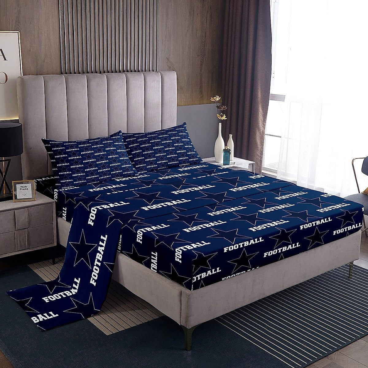 American Texas Star Cowboy Players Sheet Twin Size,Rugby Football Sports Games Bedding Set,Boys Man Room Decor,Rugby Competition Blue Fashion Bed Sheet Set 3pcs(Fitted + Flat + 1 Pillowcase)