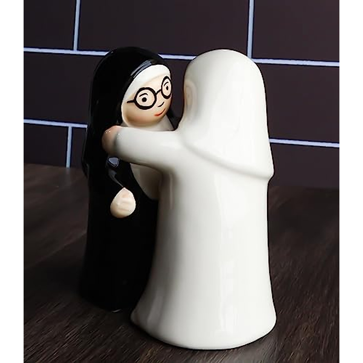 Ebros Gift Black And White Dressed Nuns Dancing Salt And Pepper Shakers Ceramic Figurine Set 3.5"H Hugging Nun Religious Inspirational Funny Themed Accents
