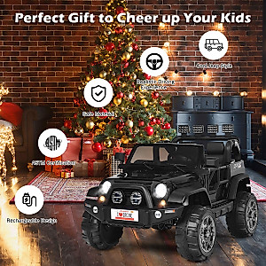 Costzon 2-Seater Ride on Truck, 12V Battery Powered Electric Vehicle Toy w/Remote Control, 3 Speed, LED Lights, MP3, Horn, Music, 2 Doors Open, Spring Suspension, Ride on Car for Kids (Black)