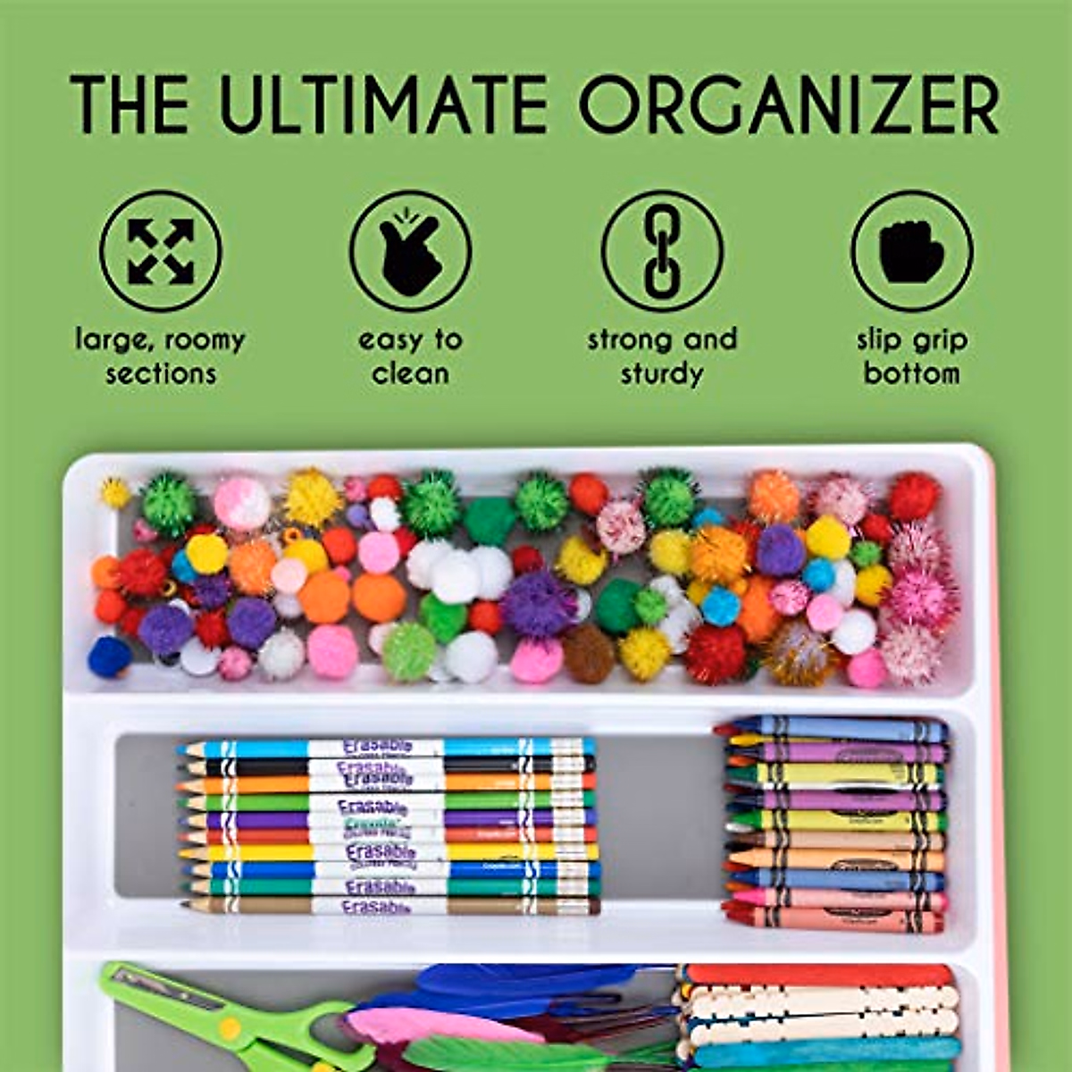 LIVORINI Kitchen Utensils Organizer | Utensil Tray Holder | Large Non-Slip Cutlery Drawer Organizer, 3 Compartment Multi-Purpose Home Organization, White & Grey