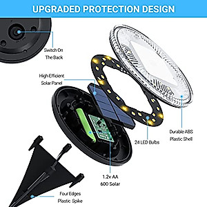 AIRSEE Solar Ground Lights 4 Pack, 24 LED, 2 Modes Solar Outdoor Lights, IP68 Waterproof LED Solar Disk Lights, Decorative Solar Garden Landscape Lighting for Lawn Pathway Deck Patio Yard Walkway