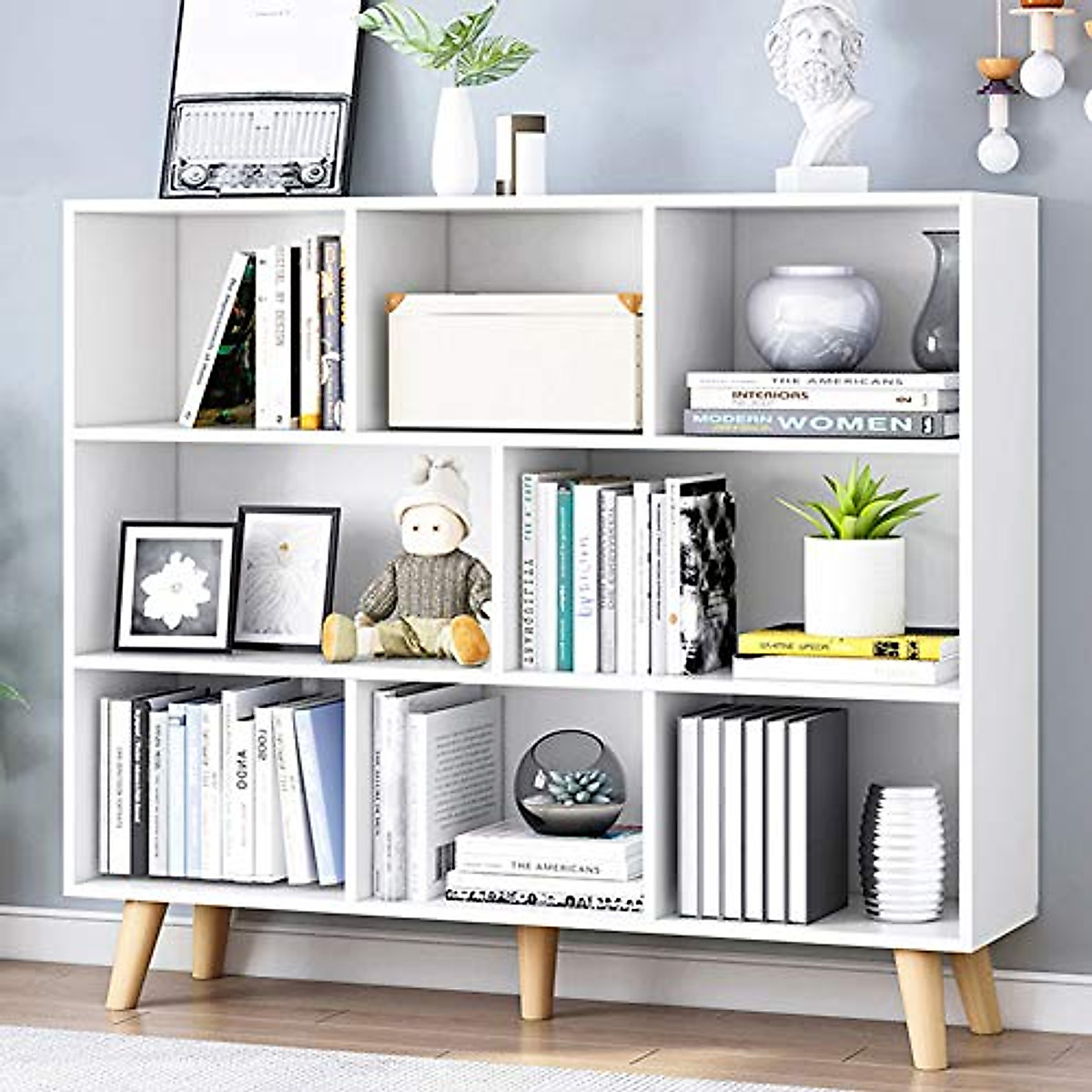 IOTXY Wooden Open Shelf Bookcase - 3-Tier Floor Standing Display Cabinet Rack with Legs, 8 Cubes Bookshelf, Warm White