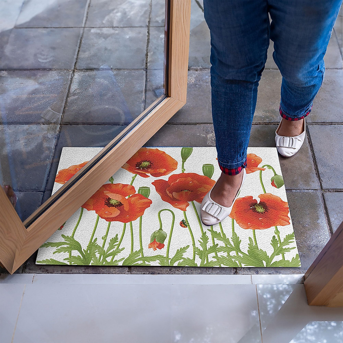 Lunarable Flower Doormat, Spring Wild Flower Poppy Ladybug Leaf Springtime Garden Nature Backyard Print, Decorative Polyester Floor Mat with Non-Skid Backing, 30" X 18", Orange Green