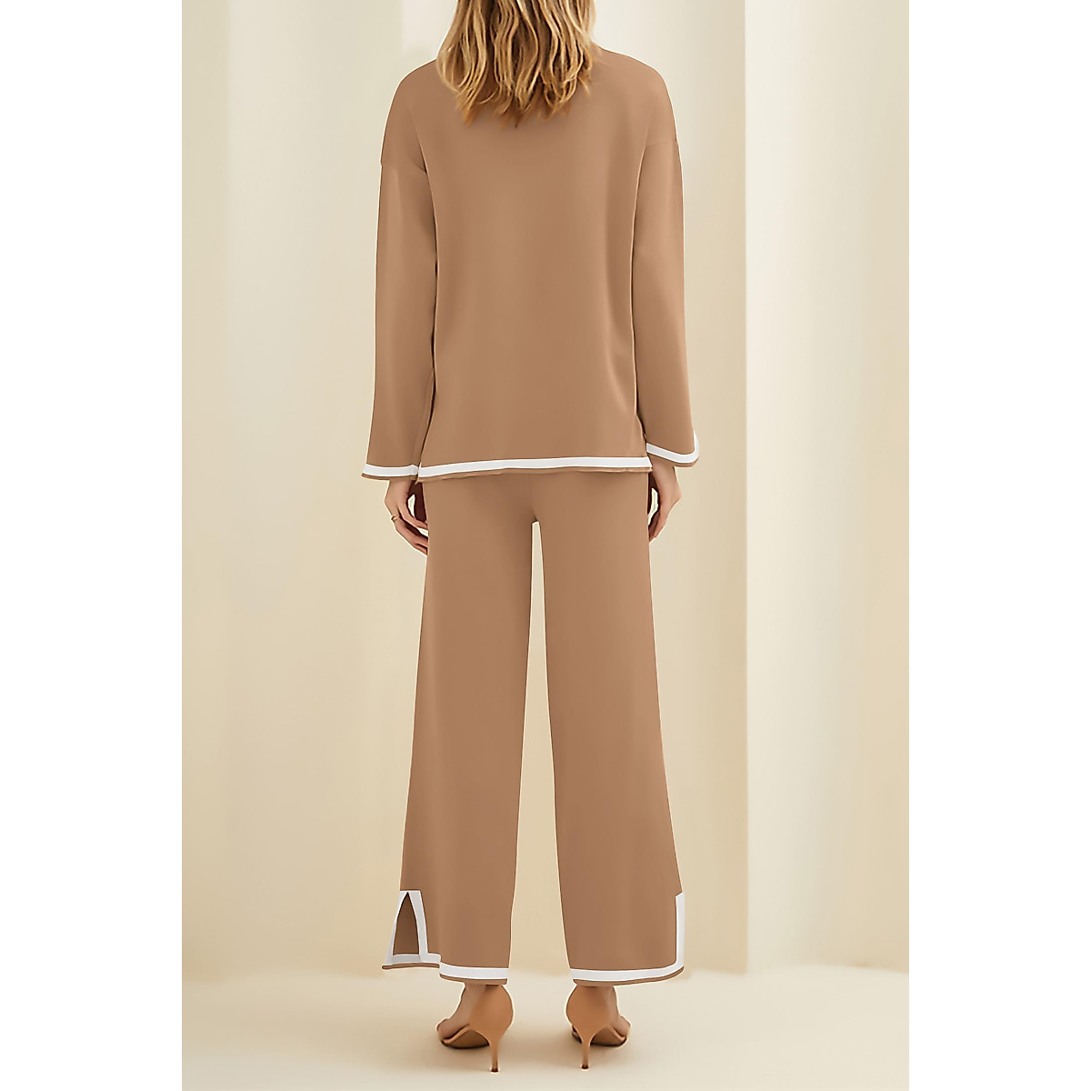 PRETTYGARDEN Women's 2 Piece Knit Sweater Set Casual Long Sleeve Pullover Wide Leg Pants Sweatsuit Tracksuit Outfit (Khaki,Large)