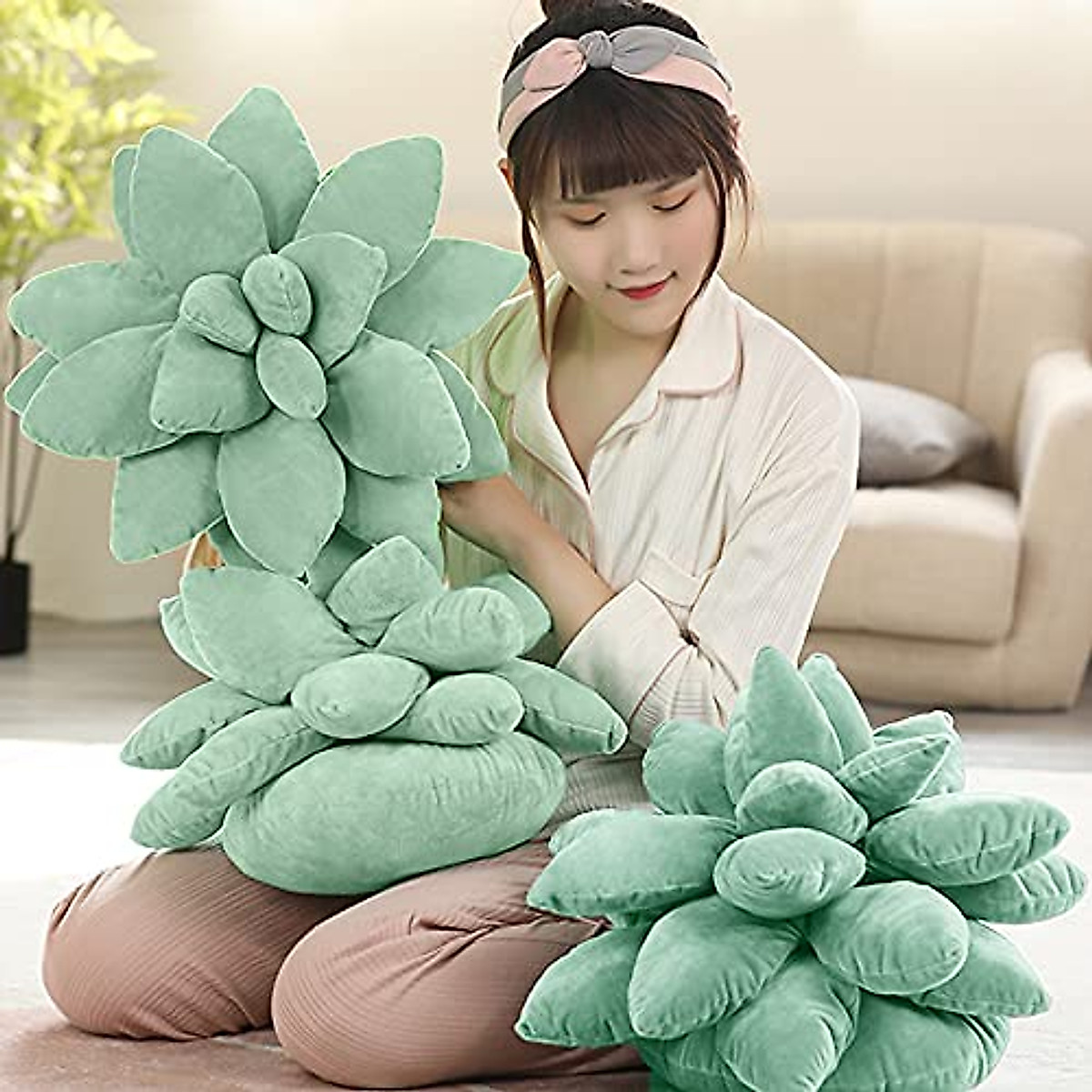 2Pack 3D Succulents Cactus, Cute Throw Pillows, Succulent Plush Green Flower, Plant Shaped, Novelty Succulent Pillows Decorative for Home Bedroom Room Decor (Dark Green)