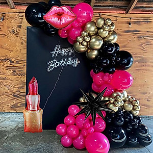 Hot Pink Black Metallic Gold Balloon Garland kit with High Heels Balloons, Red Lips, Lipstick Foil balloons For Princess Themed Birthday Decoration Makeup Party Bachelor Party Supplies