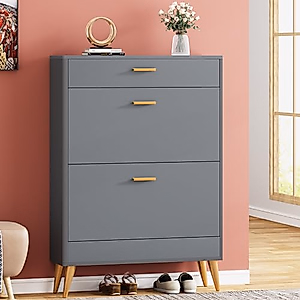 Tribesigns Shoe Cabinet, Modern Shoe Storage Cabinet with 2 Flip Doors and Drawer, Grey Narrow Shoe Organizer Rack for Entryway, Closet (Gray)