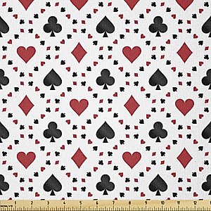 Ambesonne Casino Fabric by The Yard, Poker Cards Advertising Holidays Getaways Tourist Destinations Pleasure Art Print, Stretch Knit Fabric for Clothing Sewing and Arts Crafts, 1 Yard, Black Red