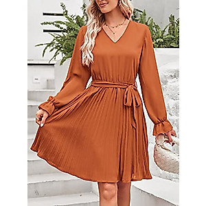 PRETTYGARDEN Women's Casual Spring Fall Dresses Long Puff Sleeve V Neck Pleated Ruffle Flowy Belted Dress (Brick Red,Medium)