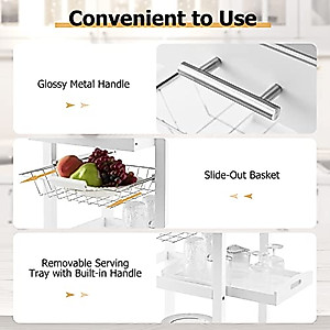 IFANNY Kitchen Island Cart, White Rolling Cart with Stainless Steel Table Top, Drawer, Metal Baskets & Wooden Tray, Wood Storage Cart on Wheels, Modern Serving Cart for Restaurant, Hotel
