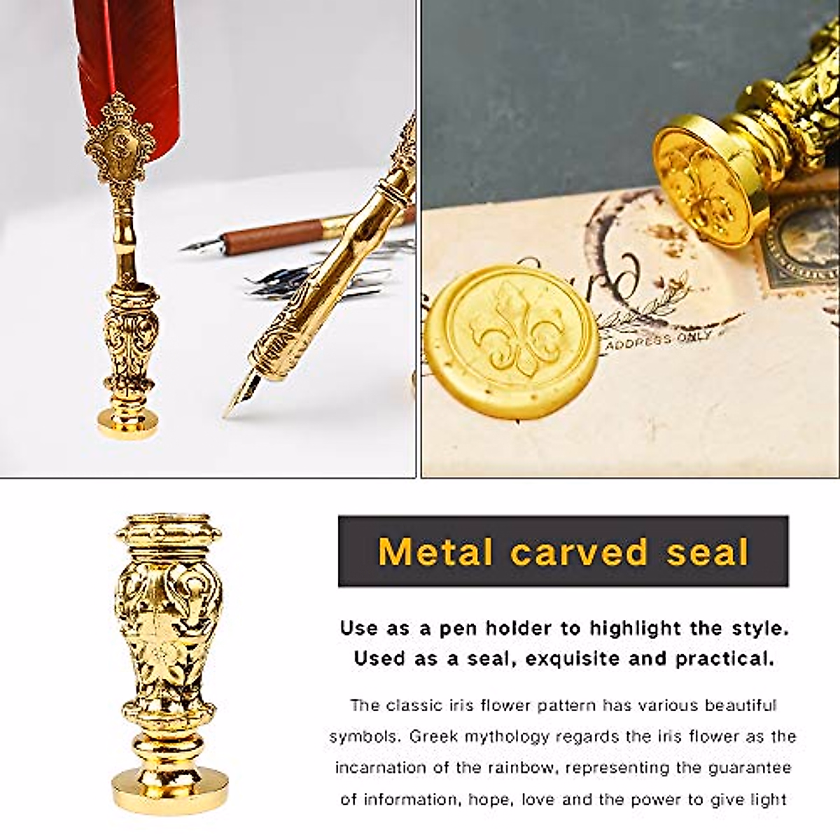 Feather Quill Pen and Ink Set,Writing Quill,Vintage Calligraphy Dip Pen Kit with 17Replacement Nibs,Wax Seal Sticks,Wooden Dip Pen,2 in 1 Seal Stamp Pen Nib Base,Envelope,Letter Opener