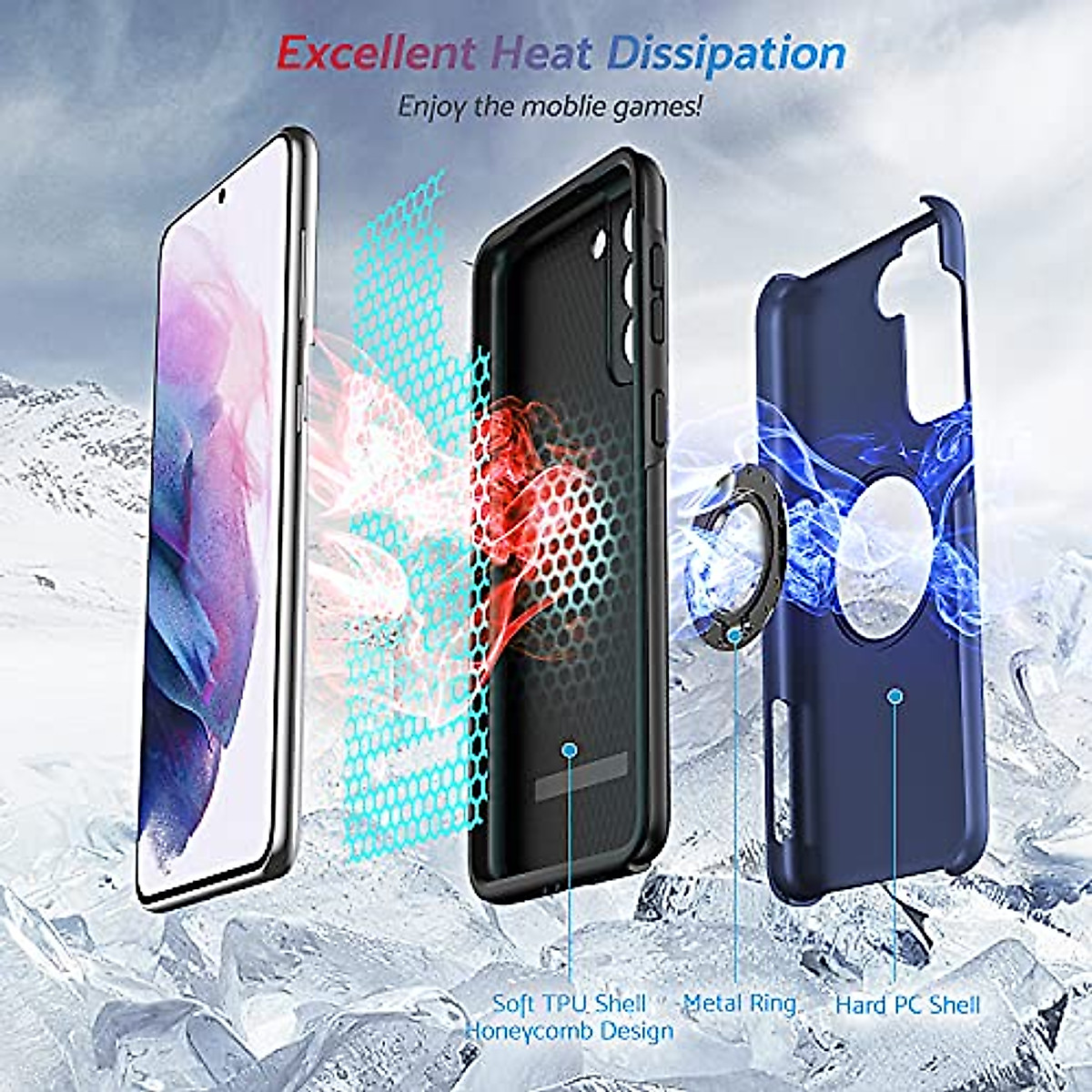 Anqrp Hidden Series Galaxy S21 Case 5G, [Heat Dissipation] [No Fall-Off Kickstand] 360° Metal Ring, Military Grade Shockproof Protective Phone Case Designed for Samsung Galaxy S21, Midnight Blue