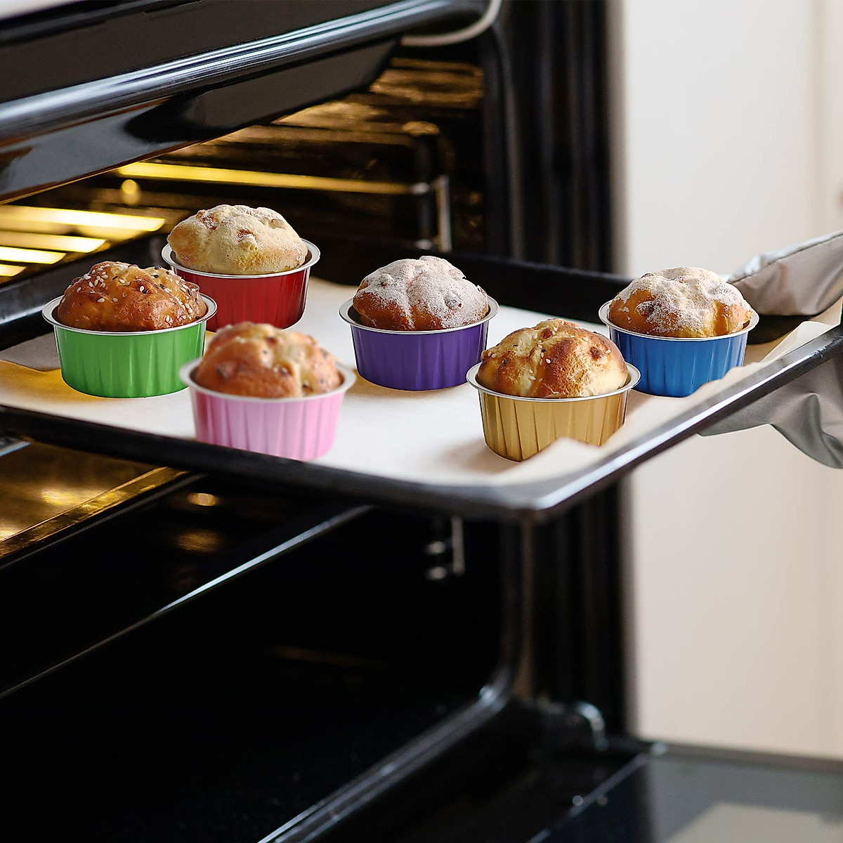 150 Pcs Aluminum Foil Baking Cups with Lids 5 oz Disposable Ramekins for Baking Aluminum Pans Dessert Baking Cups Holders Muffin Tin for Bakery Birthday Wedding Party, 6 Colors