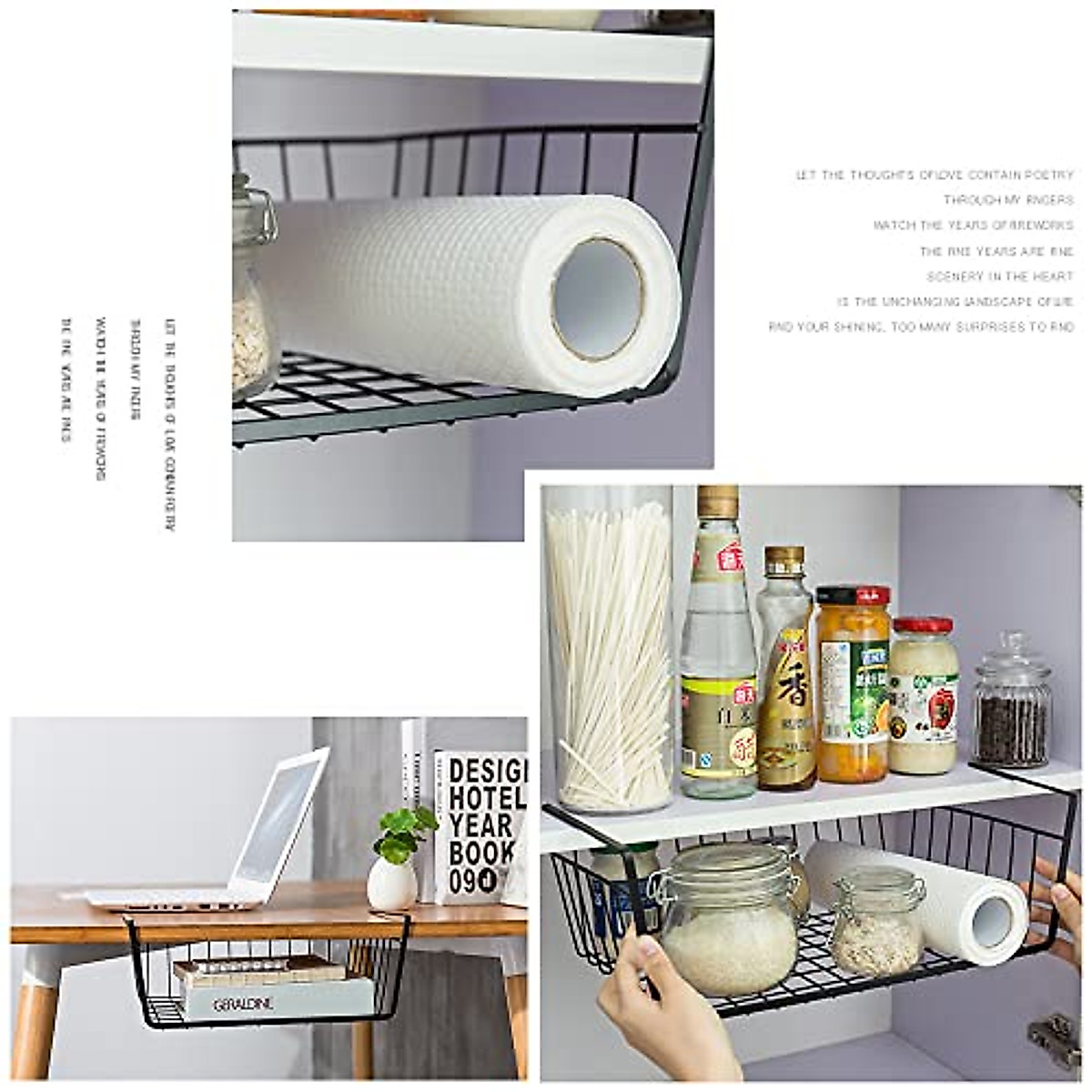 2 Pack Under Shelf Wire Basket, Hanging Storage Baskets Under Cabinet Add-on Storage Racks for Cabinet Thickness Max 1.3 inch, Slide-in Baskets Organizer for Kitchen Pantry Desk Bookshelf (white)