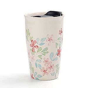 ANTIS'S HOME Ceramic Travel Mug with Lid, Flower Pattern Double Wall Coffee Mug Tumbler 10 oz, Reusable Tall Cup, Splash Resistant Lid, Dishwasher Microwaveable Safe