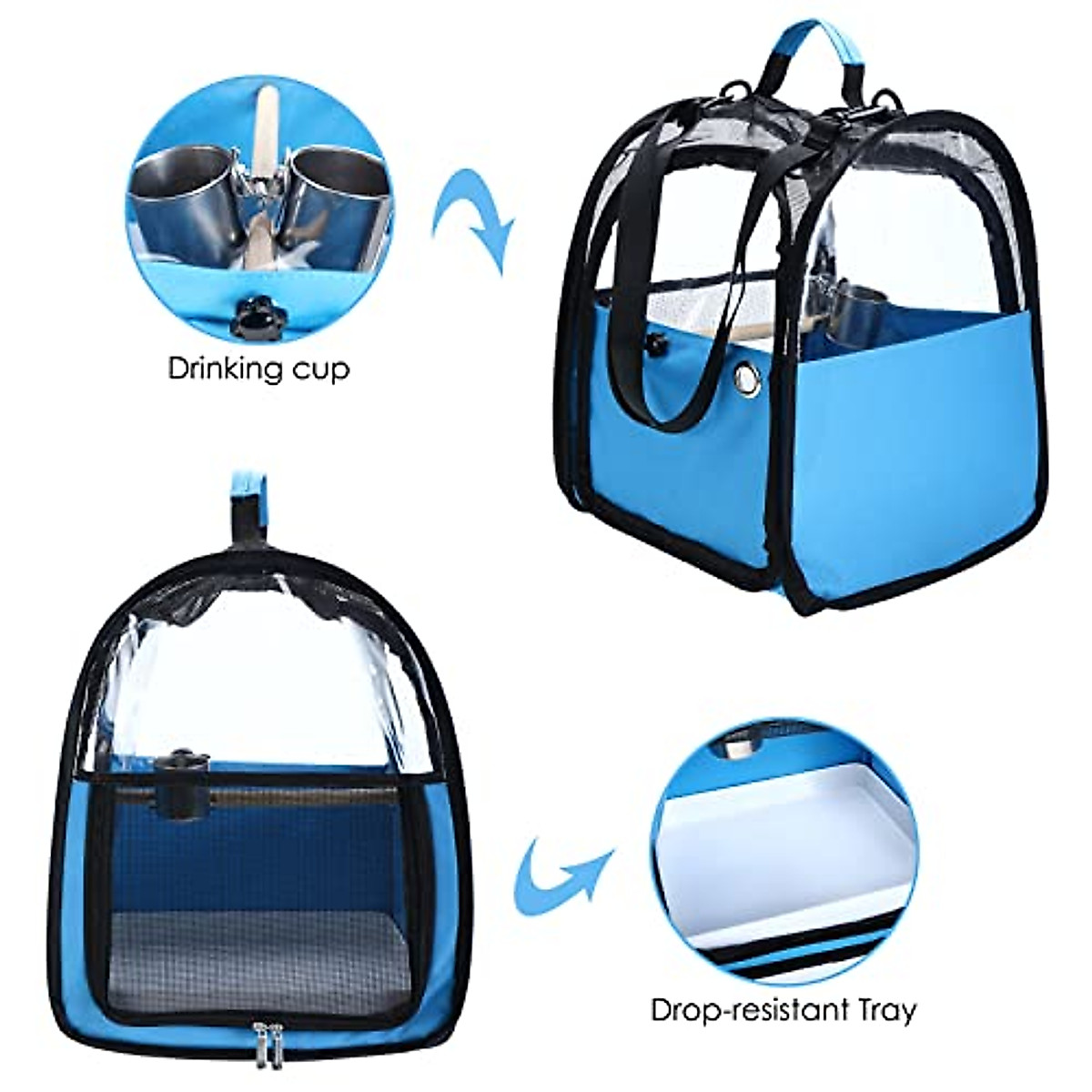 PetierWeit Bird Carrier Bird Travel Cage Parrots Travel Bag Lightweight Bird Travel Carrie Transparent Breathable Handy Crossbody Pet Travel Bag with Bottom Tray Shoulder Strap Stick Stand and Mug