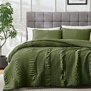 Seersucker Olive Green King Size Comforter Set, 3 Pieces- Soft Washed Microfiber Sage Comforter with 2 Pillowcases shams, Fluffy Down Alternative Bedding Comforter Sets for All Season (104x90 inches)