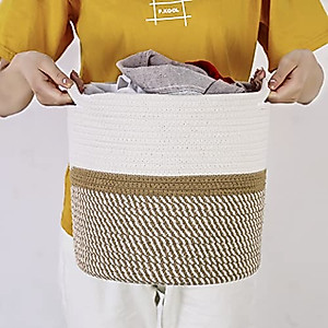 11x11x11 inch Cotton Rope Baskets for Shelf, Cube Storage Bins for Toy Cloth Blanket Organizing, Baby Nursery Basket, 3 Pack White & Brown
