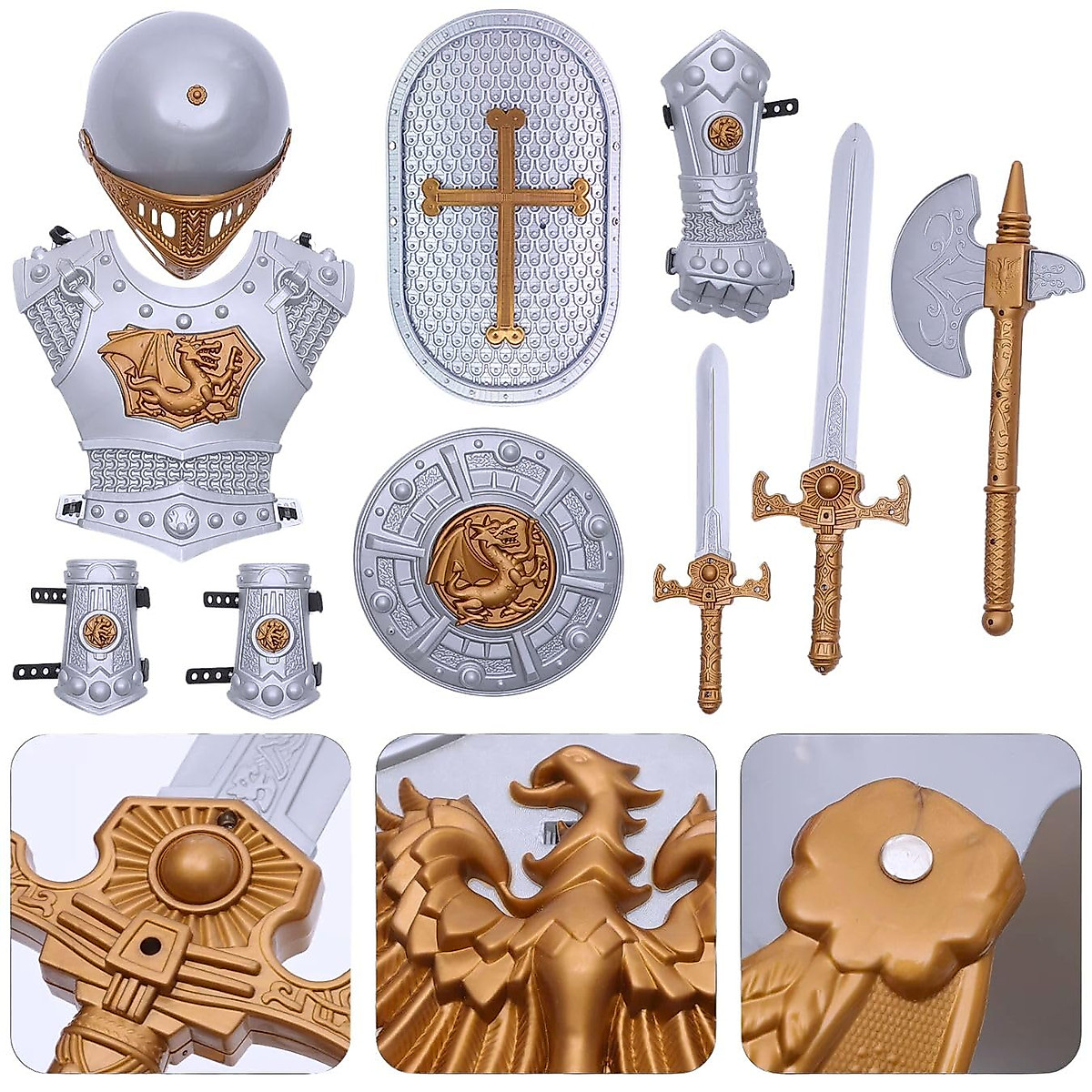 Medieval Knight in Shining Armor, Kids Crusader Pretend Role Play Plastic Costume Dress Up Cosplay with Toy Swords, Axe, Shield, Weapons & Accessories Playset