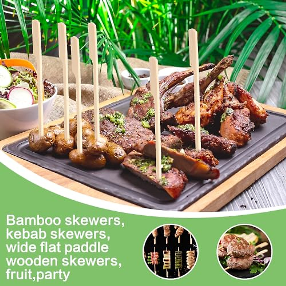 6 inch Bamboo Skewers, 100 PCS Bamboo Sticks for Cocktail Appetizer Toothpicks Kabab Skewers Picks Paddle Wooden Skewers for Cocktail, Fruit, Grilling, Drink, BBQ, Fondue(6 Inch)