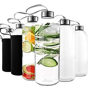 Kitchen Lux 32 oz Glass Water Bottle Set of 6 - Glass Water Bottles Caps & Sleeve, Reusable Glass Bottle Lids, Clear Glass Bottles, Refillable Glass Juice Bottles for Juicing, Juicer Bottles