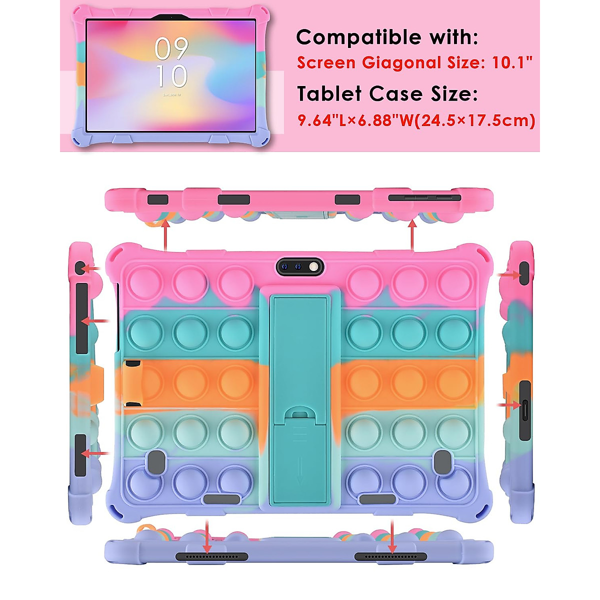 DETUOSI Silicone Case Compatible with Dragon Touch Notepad K10, 10 inch Universal Tablet Case, Multi-Angle Protective Cover for ZONKO K105 10 inch, Winsing 10 with Strap & Stylus Pen, Rainbow