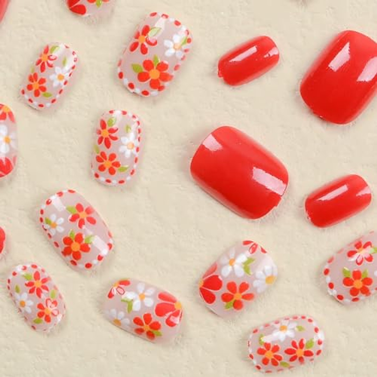 KKUUOO French Tip Press on Nails Square Fake Nails Medium False Nails with Colorful Flower Designs Cute Press on Nails Full Cover Acrylic Nails Stick on Nails Glossy Glue on Nails for Women 24Pcs