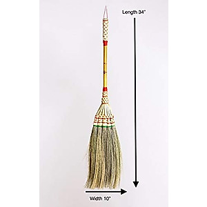 SKENNOVA - 34" of Small Natural Grass Broom for RV's, Cabin & Tents Design Vintage Style of Bamboo Stick Embroidered Woven Thread Nylon Hand Grip Dry Banana Leaf