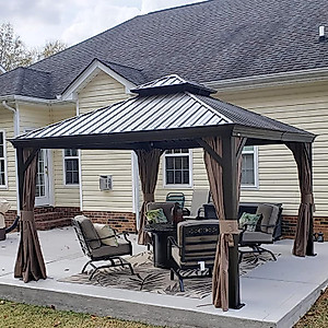 Domi Hardtop Gazebo 10x12ft Outdoor Pergola Metal Gazebos Backyard Pavilion Aluminum Roof Canopy with Mosquito Netting and Curtains for Patio,Garden,Lawn(Brown)