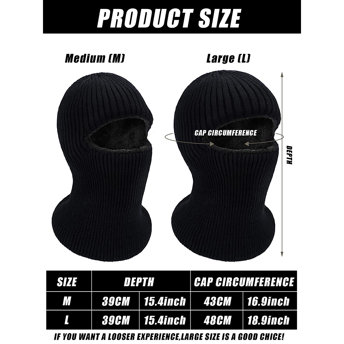 Winter Ski Mask for Men Knitted Full Face Mask Balaclava Hats 1 Hole Winter Ski Mask Fleece for Men Women Favors (Black, Medium)