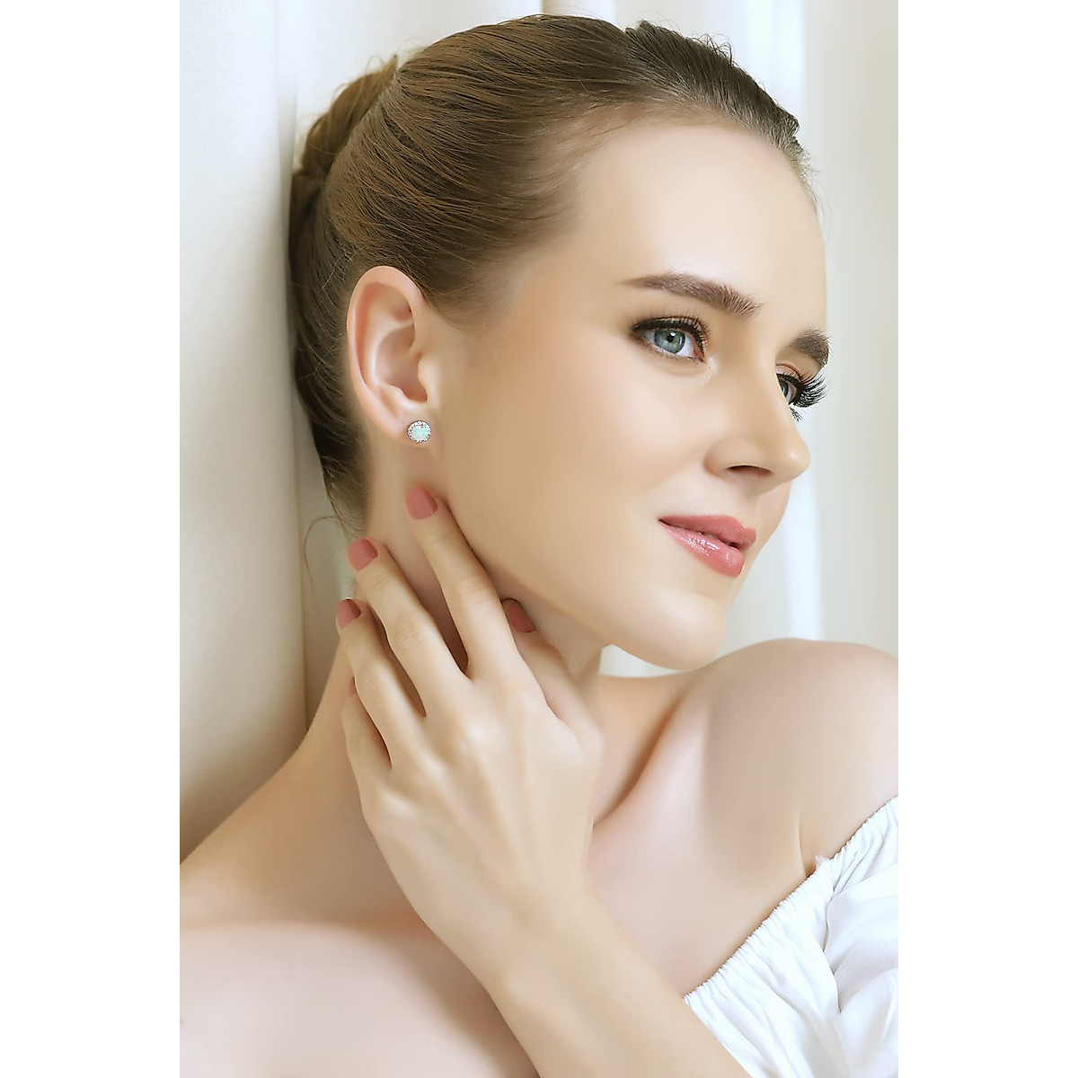 Opal Earrings for Women Sterling Silver 6mm Round Halo Synthetic Opals Stud Earrings