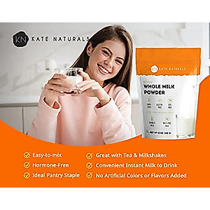 Dry Whole Milk Powder for Baking and Coffee (12oz) - Kate Naturals. Dried Powdered Milk for Adults. RBST-Free. Substitute For Liquid Milk. Milk Whole Powder for Milkshakes. Made In USA.