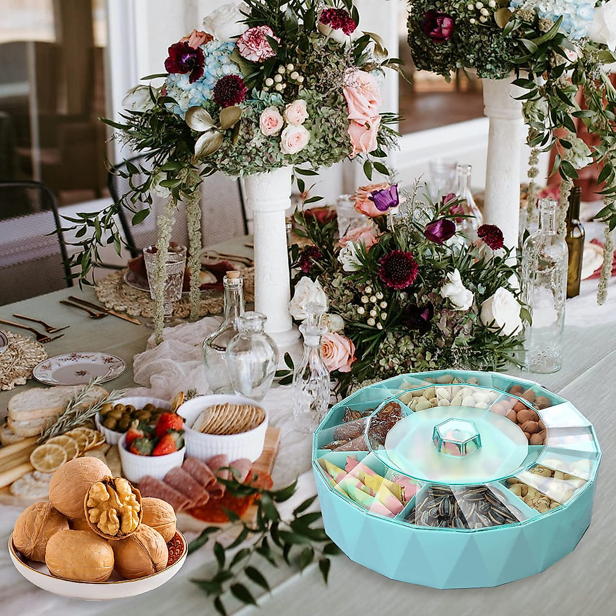 Hemoton Multifunctional Party Snack Tray Round Divided Serving Dishes with Lid for Fruits Nuts Candies Crackers Veggies (Green)