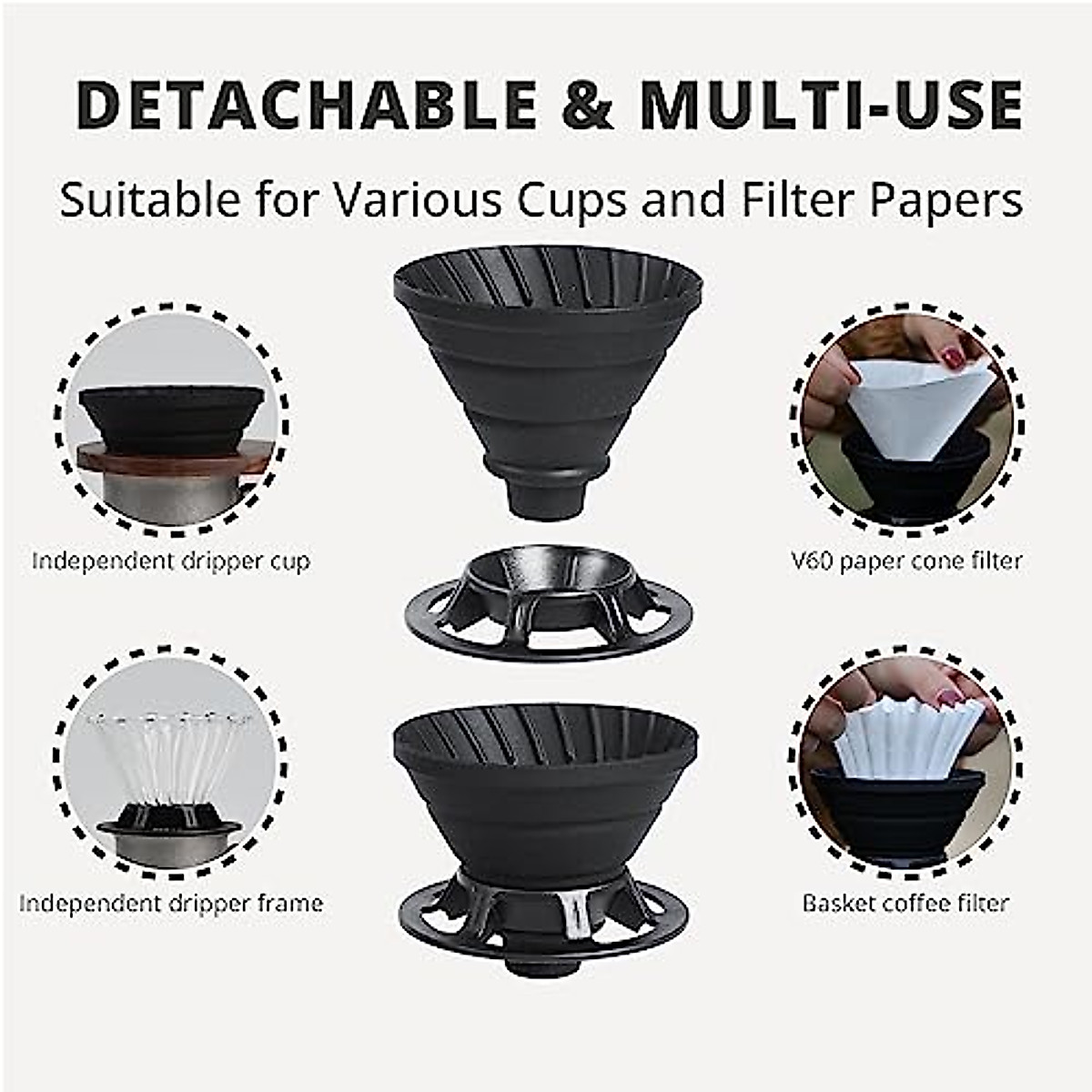 VANDROOP Collapsible Coffee Dripper, Silicone Reusable Pour Over Coffee Maker, Pour Over Coffee Dripper for Camping, Business Trip, Home＆Office, Single Clever Coffee Dripper (Black, 1-2 Cup)