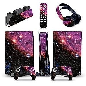 CENSTEEL PS5 Skin for PlayStation 5 Disc Version, Sticker for PS5 Vinyl Decal Cover for Playstation 5 Controller & Charging Station & Headset & Media Remote - Purple Starry Sky