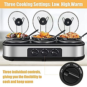 Triple Slow Cooker, 3×1.5 QT Buffet Servers and Warmers, 3 Pots Buffet Slow Cooker Adjustable Temp Lid Rests Stainless Steel Manual Silver for Parties Holidays Families