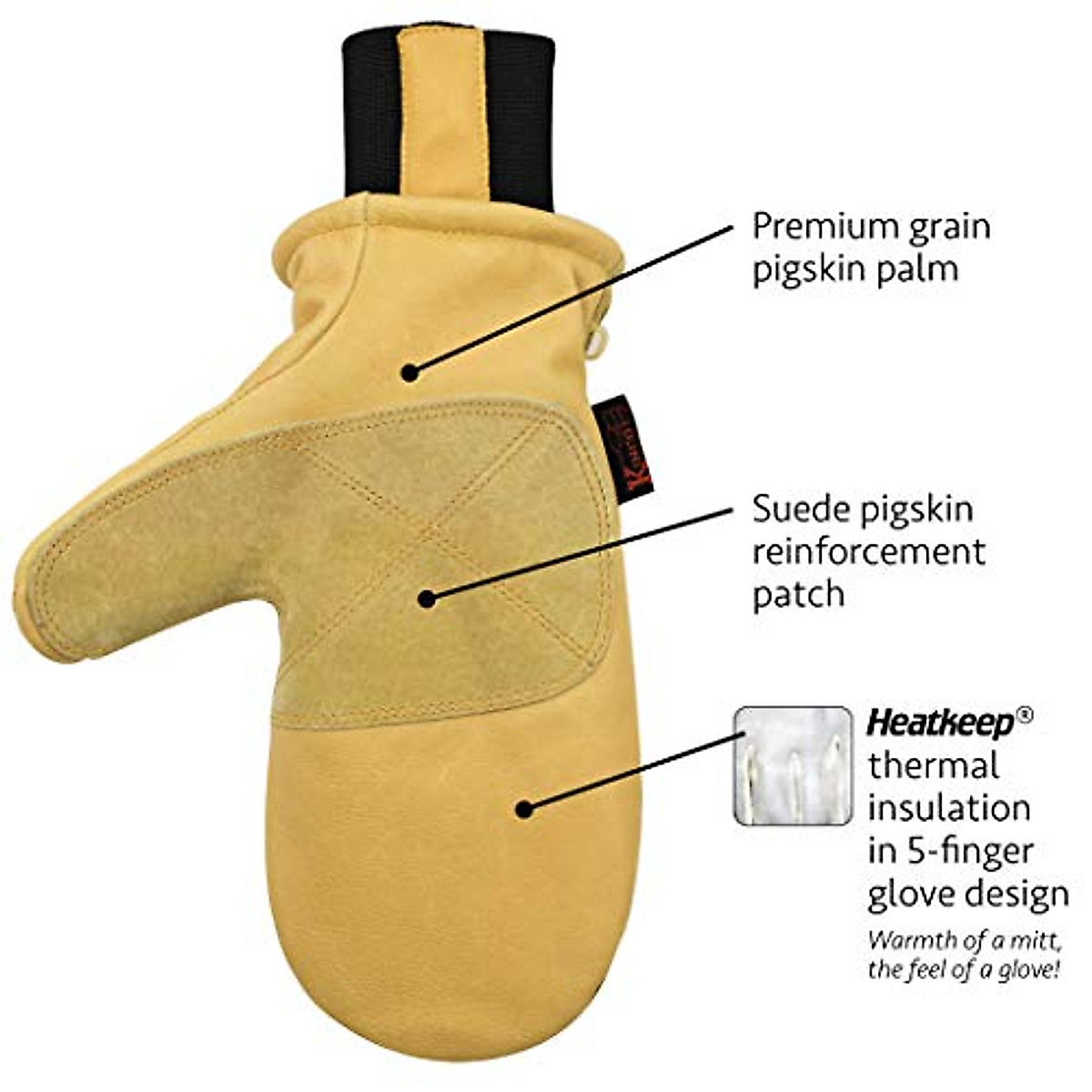 Kinco - Lined Premium Pigskin Leather Work and Ski Mitt with Nikwax Waterproof Wax, Heavy Duty Reinforced Palm, Heatkeep Thermal Insulation, Omni-Cuff, Fitted Knit Wrist, (Style No. 901T)