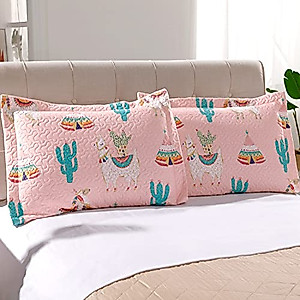 Animal Reversible Quilt Bedding Set, White Alpaca Blue Cactus Print Pink Coverlet, Microfiber Lightweight Soft Bedspreads Bedroom Decor with 2 Pillowcases for All Season