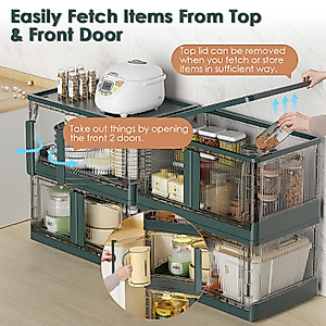 NewHome 2Pcs 32L Foldable Storage Bins with Lid Collapsible Stackable Closet Organizer Containers with Front Door Lock 4Pcs Wheels (30 CM, Green)