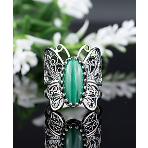 Filigranist Sterling Silver Filigree Art Butterfly Women Cocktail Ring with Gemstones (Malachite, 9)