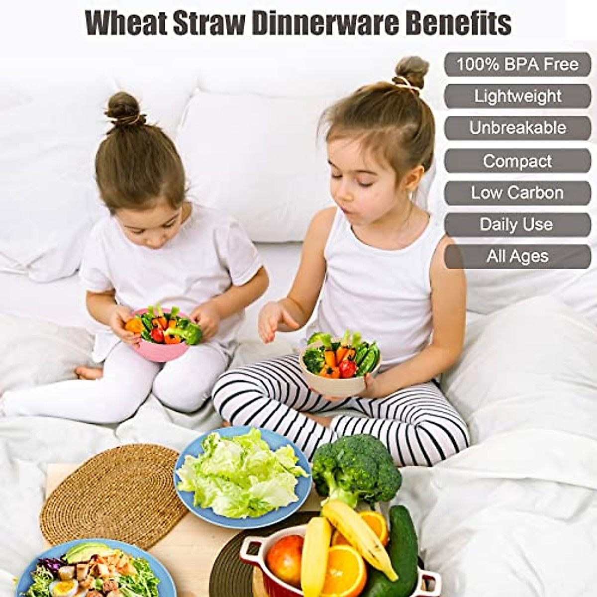 Wheat Straw Dinnerware Sets - Unbreakable Dinnerware Dishes Set for 4 (28-Pc) - Adult & Kids Plates and Bowls Sets - Plastic Plates Reusable, Cups, Cereal Bowls - Microwave Safe