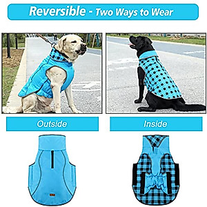 ALAGIRLS Classic Plaid Reversible Dog Winter Coat, Reflective Windproof Dog Vest Clothes, Warm Cotton Lined Pet Snow Jacket Pet Apparel for Cold Weather, Blue L