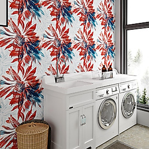 ReWallpaper 17.5in×23ft Floral Wallpaper Red and White Floral Peel and Stick Wallpaper Boho Blue Floral Petals Contact Paper for Cabinets Drawers Walls Blooming Flowers Wallpaper Waterproof Easy Apply