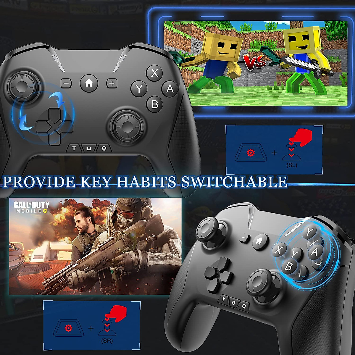 UNIHOW Bluetooth Controller for iPhone/Mobile Phone/Switch/PC/Mac/iPad/Android/Laptop/TV, Switch Pro Controller Gamepad Joystick for Apple Arcade MFi Games With Clip, Backbone and Trigger Keys
