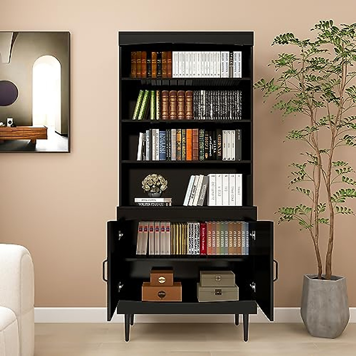 QEIUZON 6-Shelf Bookcase, Bookshelves Floor Standing Display Storage Shelves Bookcase Home Decor Furniture for Home Office, Living Room (Black)