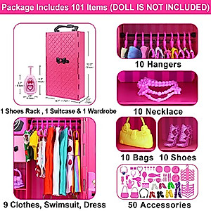 ZITA ELEMENT 11.5 Inch Girl Doll Closet Wardrobe with Clothes and Accessories Set 101 Pcs Including Wardrobe Suitcase Clothes Dresses Swimsuits Shoes Hangers Necklace Bags and Other Stuff