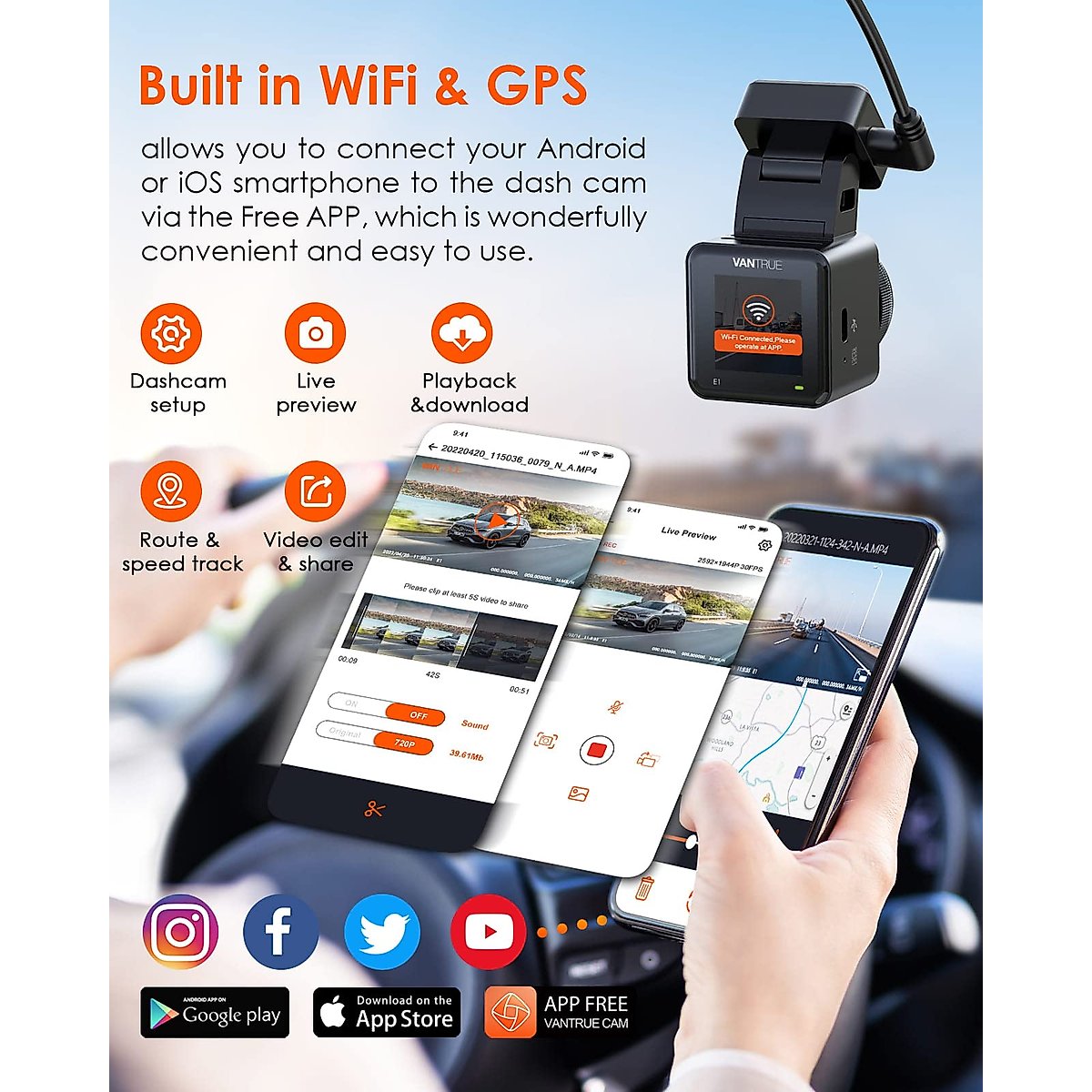 【Bundle: Vantrue E1 Mini GPS Dash Camera+ Type C USB Hardwire Kit】2.7K WiFi Mini Dash Cam with GPS and Speed, Voice Control Front Car Dash Camera, 24 Hours Parking Mode, Night Vision,Motion Detection