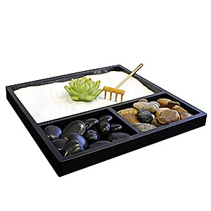 Nature's Mark Mini Zen Garden Kit for Desk with Rake, White Sand, Lotus Figure, 3 Sections Black Square Base, River Rocks and Black Rocks (9Lx9W C)