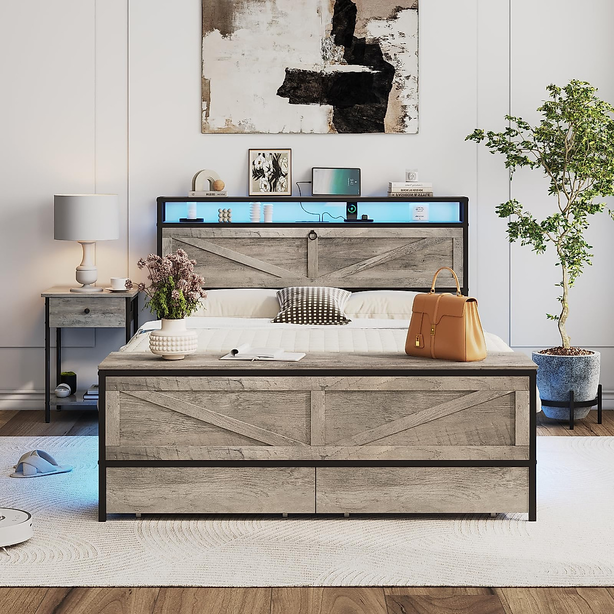 Fameill Queen Size Bed Frame with Storage Ottoman and 2 Drawers, Farmhouse Metal Platform Bed with Headboard, LED Lights and Charging Station, No Box Spring Needed, Noise Free, Gray