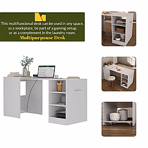 Multimóveis Office Desk Table with Storage Shelves and Printer Stand, Modern, Folding Compact Corner Computer Desk for Gaming, Work, Study, Bedroom or Home Office Desks, 3 Shelf, White, 60 Inch